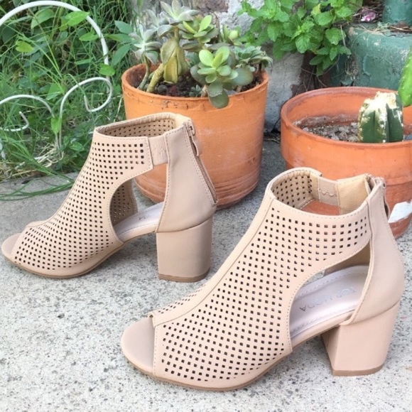 Shoes | Tan Cutout Peep Toe Perforated Booties | Poshmark